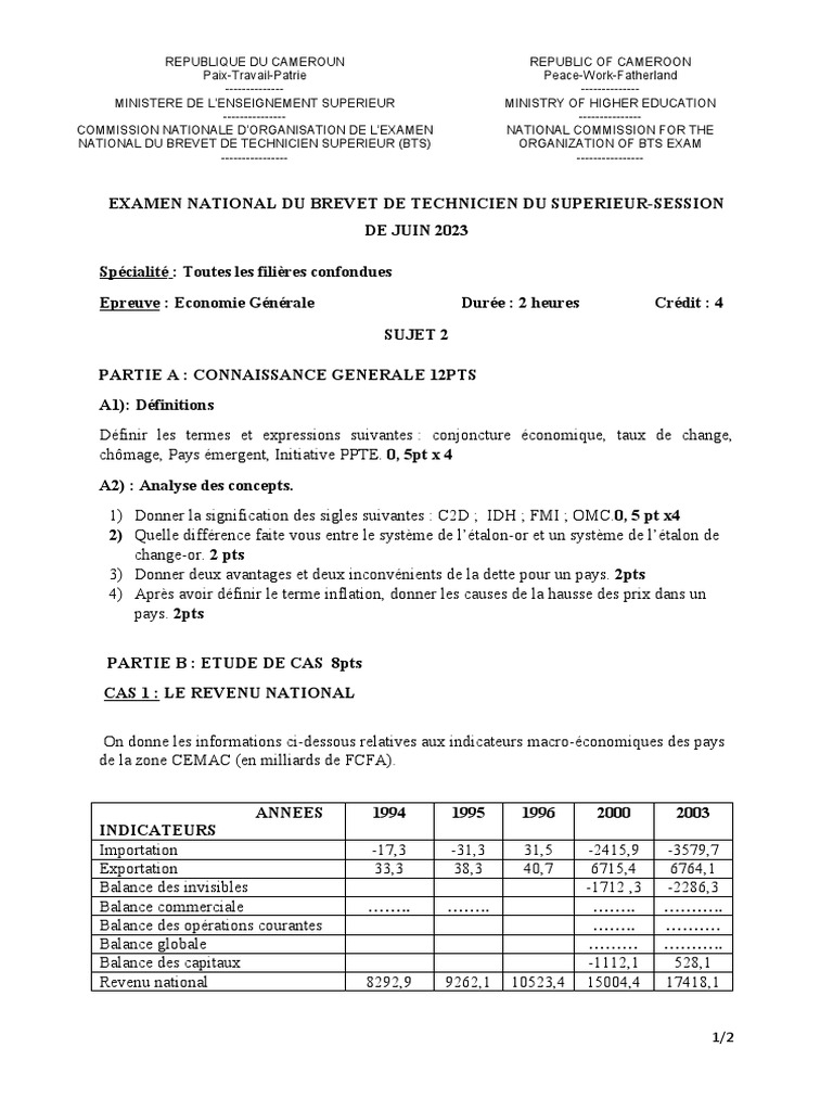 MINESUP épreuve 2 Economie générale BTS 2023 | PDF