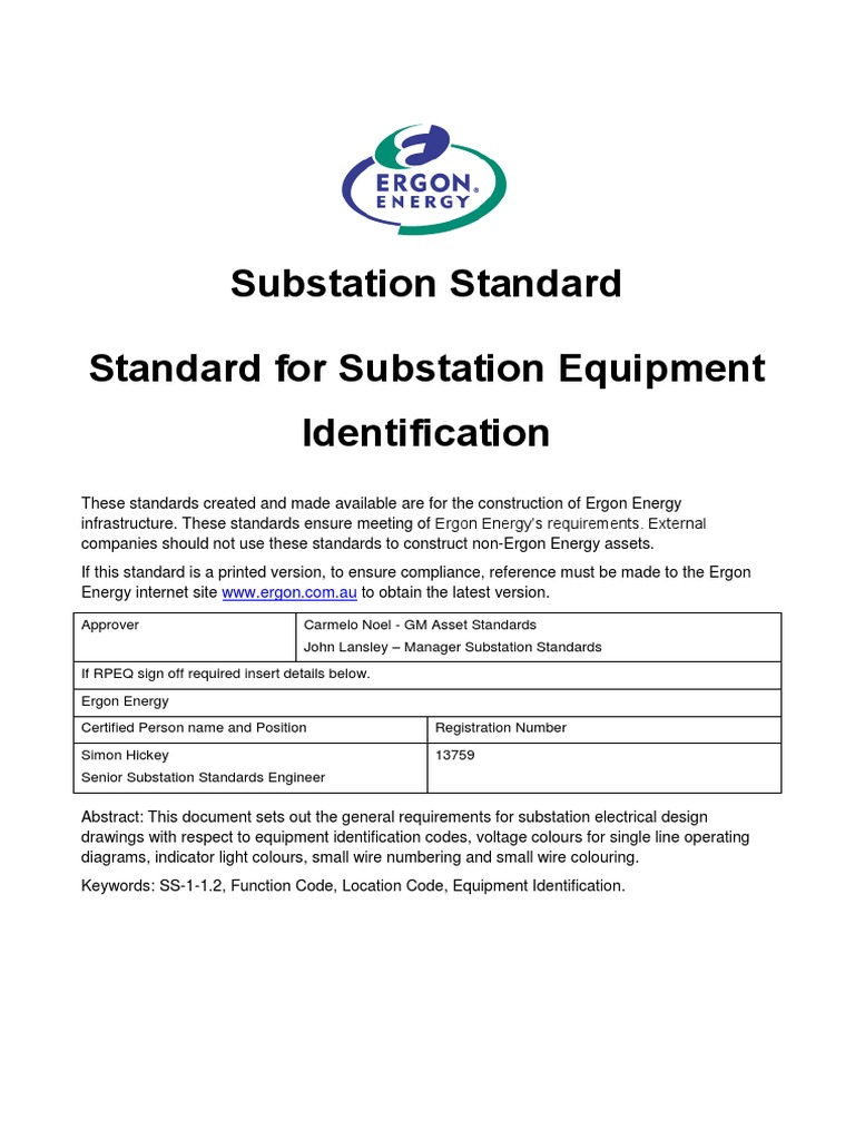 STNW3001 Standard For Substation Equipment Identification | PDF | Electrical Substation ...