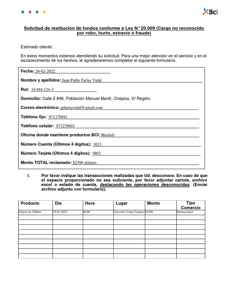 Formulario - Ley 20.009 - JuanPabloFarías | PDF | Bancos