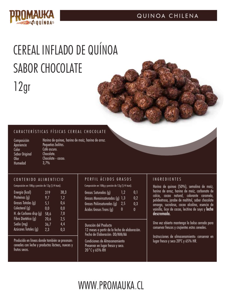 Ficha 12grs - Cereal - Inflado - Quínoa - Chocolate | PDF | Chocolate | Comida y bebida