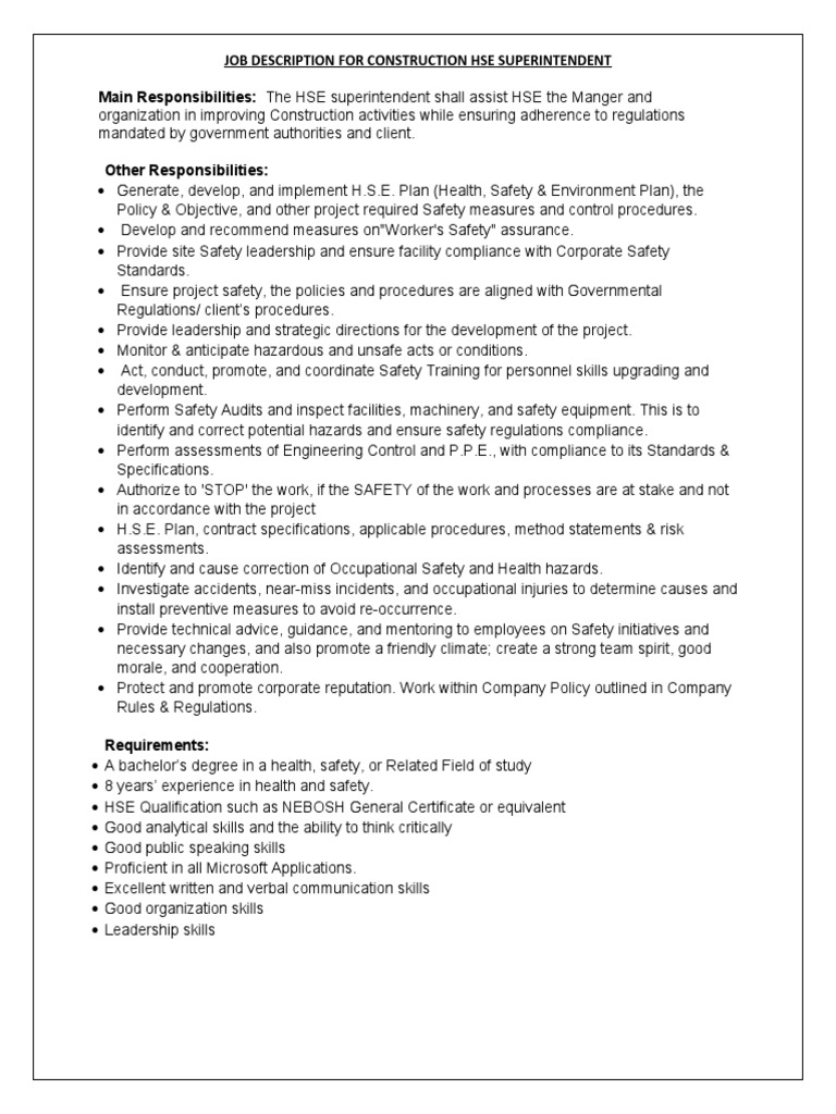 Job Description For Construction Hse Superintendent | PDF ...