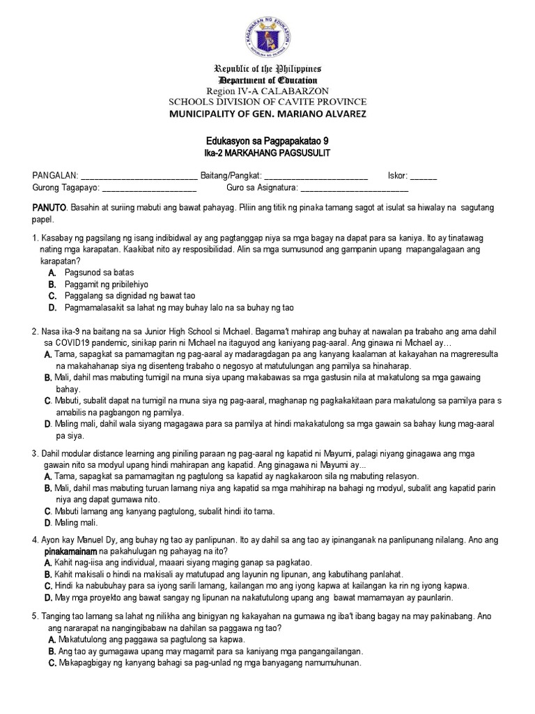 EsP-9 2nd QUARTER EXAM With SOLO Framework | PDF