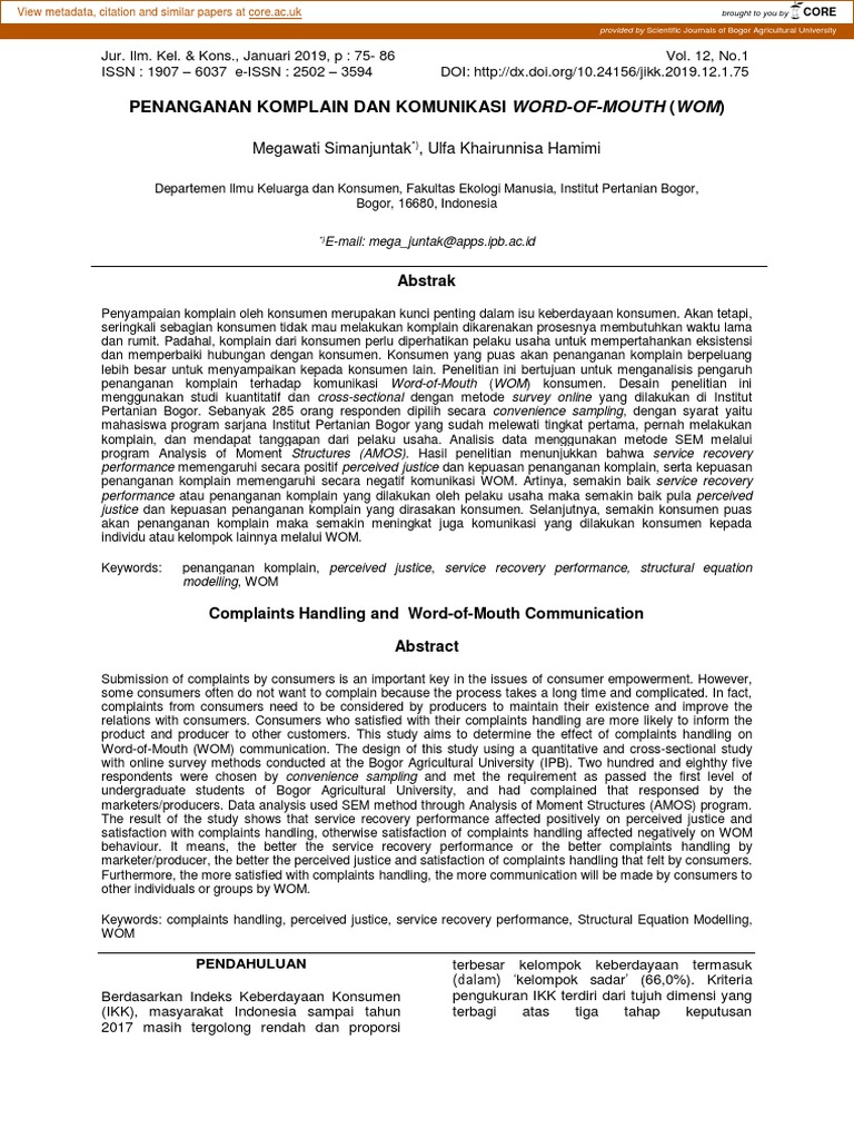 Penanganan Komplain Dan Komunikasi Word-Of-Mouth (Wom) : Megawati Simanjuntak, Ulfa Khairunnisa ...