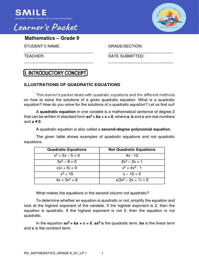 Mathematics Grade-9 Q1 LP-1 | PDF | Quadratic Equation | Equations