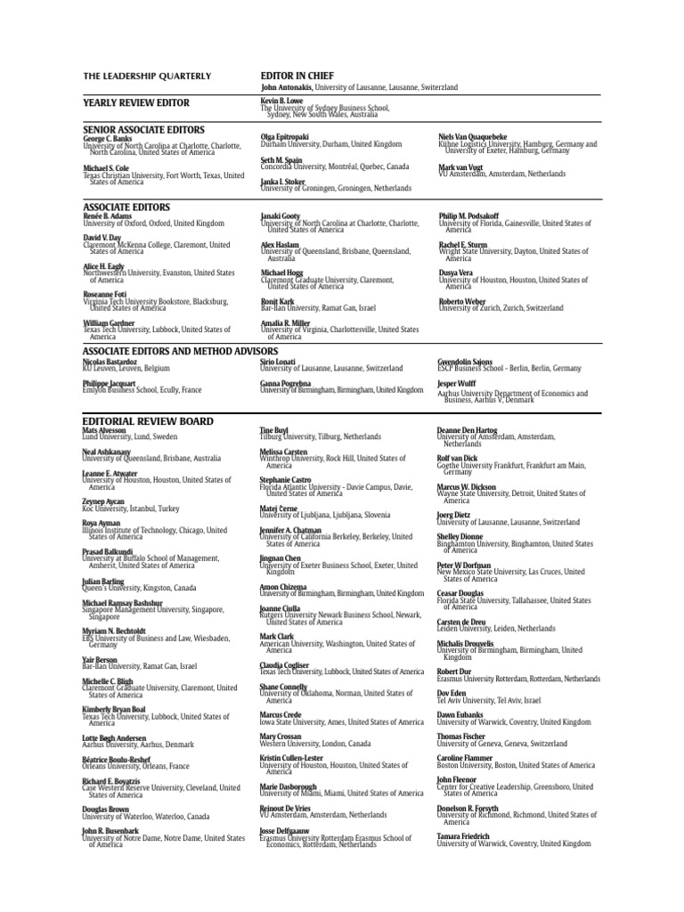 Leadership Quarterly Editorial Board | PDF | Academia