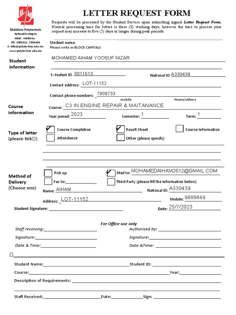 Letter Request Form | PDF | Service Industries | Telecommunications