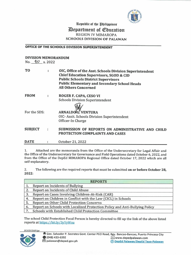 DM No. 410 S. 2022 Submission of Reports On Administrative and Child ...