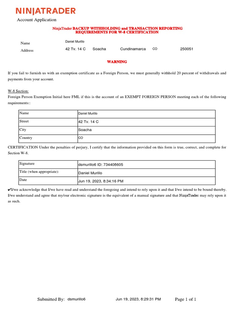Account Application: Ninjatrader Backup Withholding and Transaction Reporting | PDF