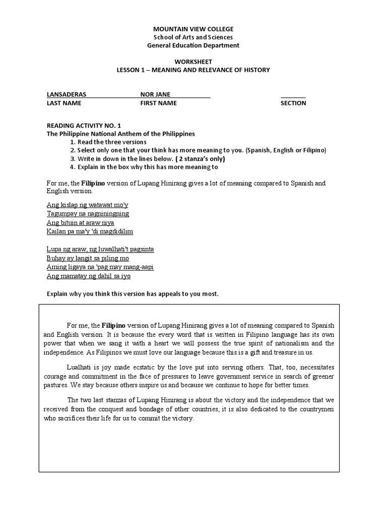 Lesson 1 Writing Activity (National Anthem) | PDF