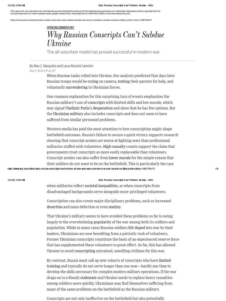 Why Russian Conscripts Can't Subdue Ukraine - WSJ | PDF | Conscription ...