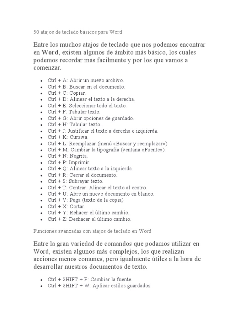 50 Atajos de Teclado Básicos para Word | PDF