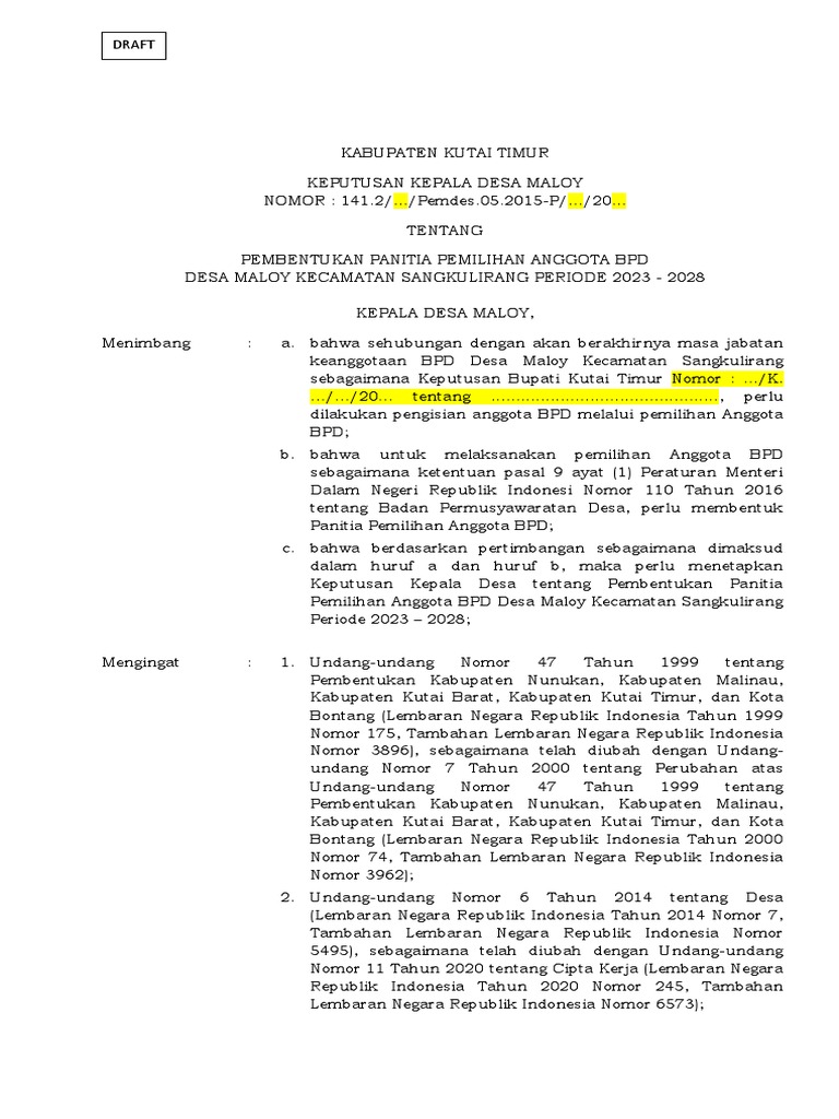 Draft SK Kades Pembentukan Panitia Pemilihan Anggota BPD | PDF