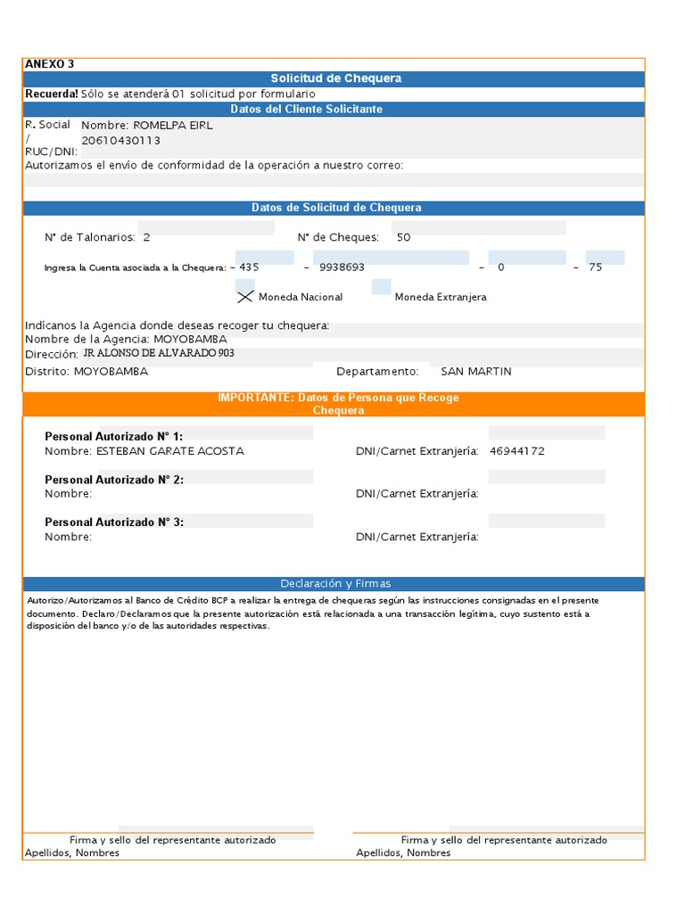 Solicitud de Chequeras | PDF