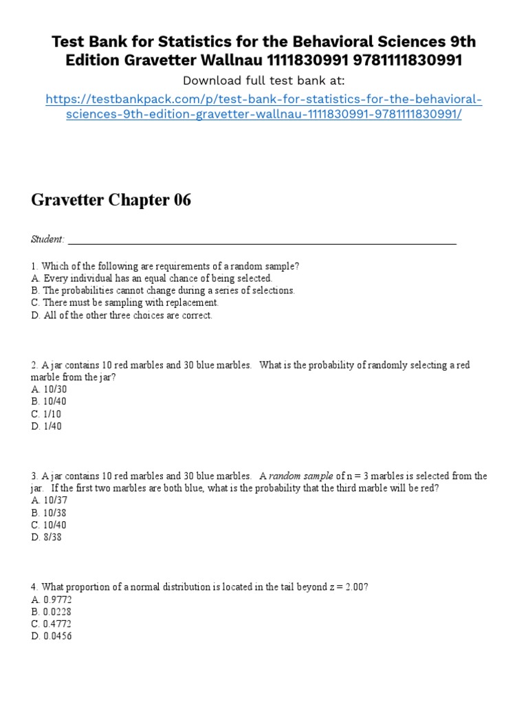 Statistics For The Behavioral Sciences 9th Edition Gravetter Test Bank ... Statistics For The Behavioral Sciences 9th Edition Gravetter Test Bank ...