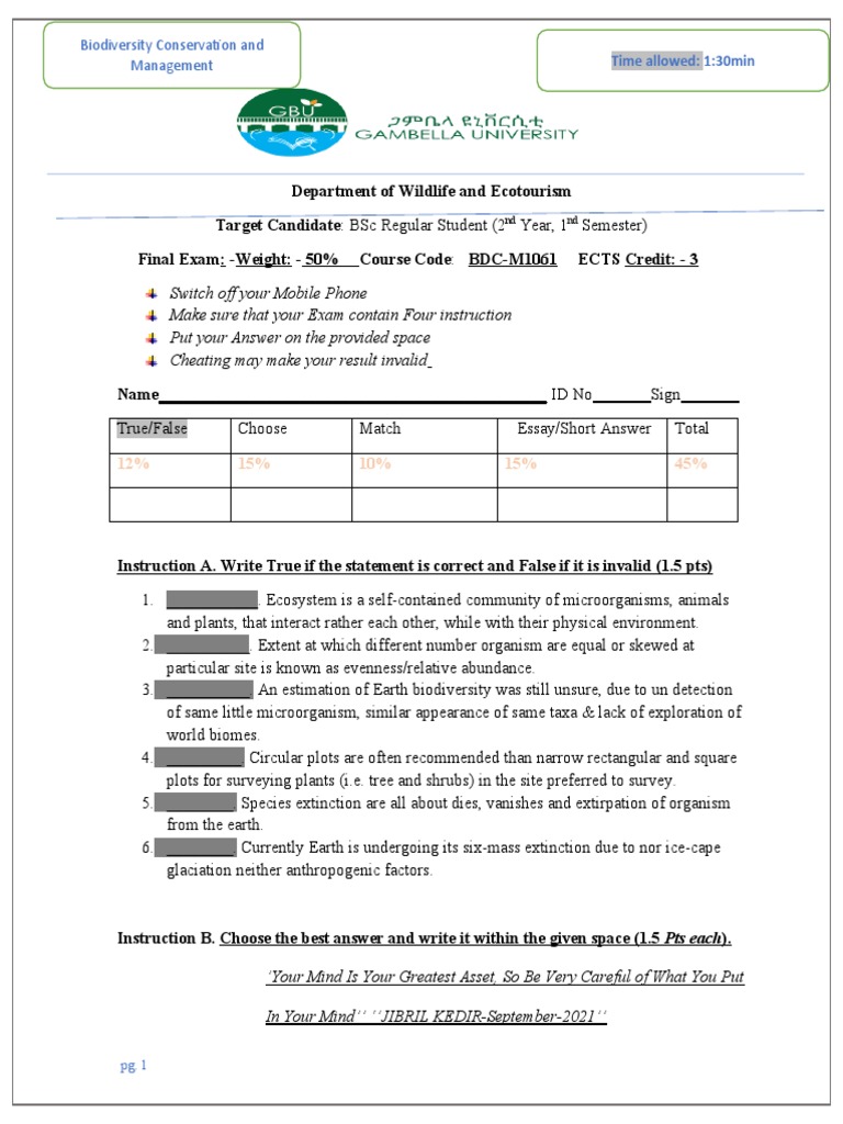 Biodiversity Exam Guidelines and Questions | PDF | Biodiversity | Ecosystem