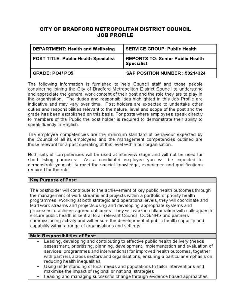 Public Health Specialist Job Profile | PDF