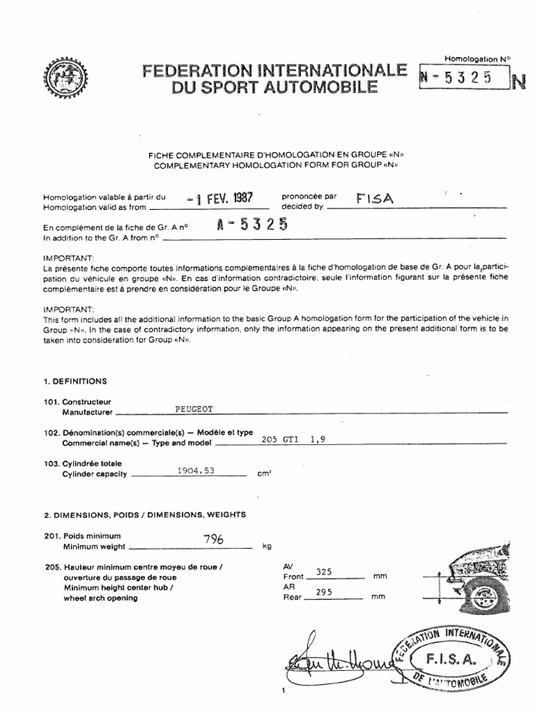 Homologation Form Number 5325 Group N | PDF