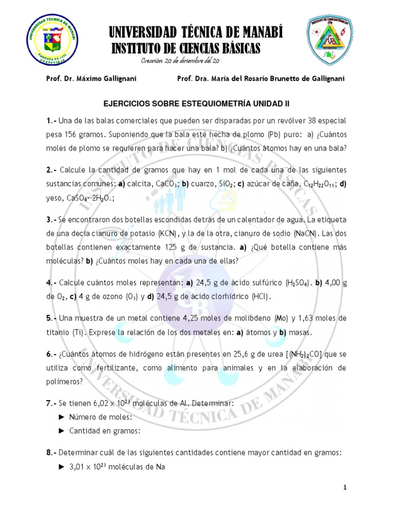 (U2) Estequiometría (Guia de Ejercicios) | PDF