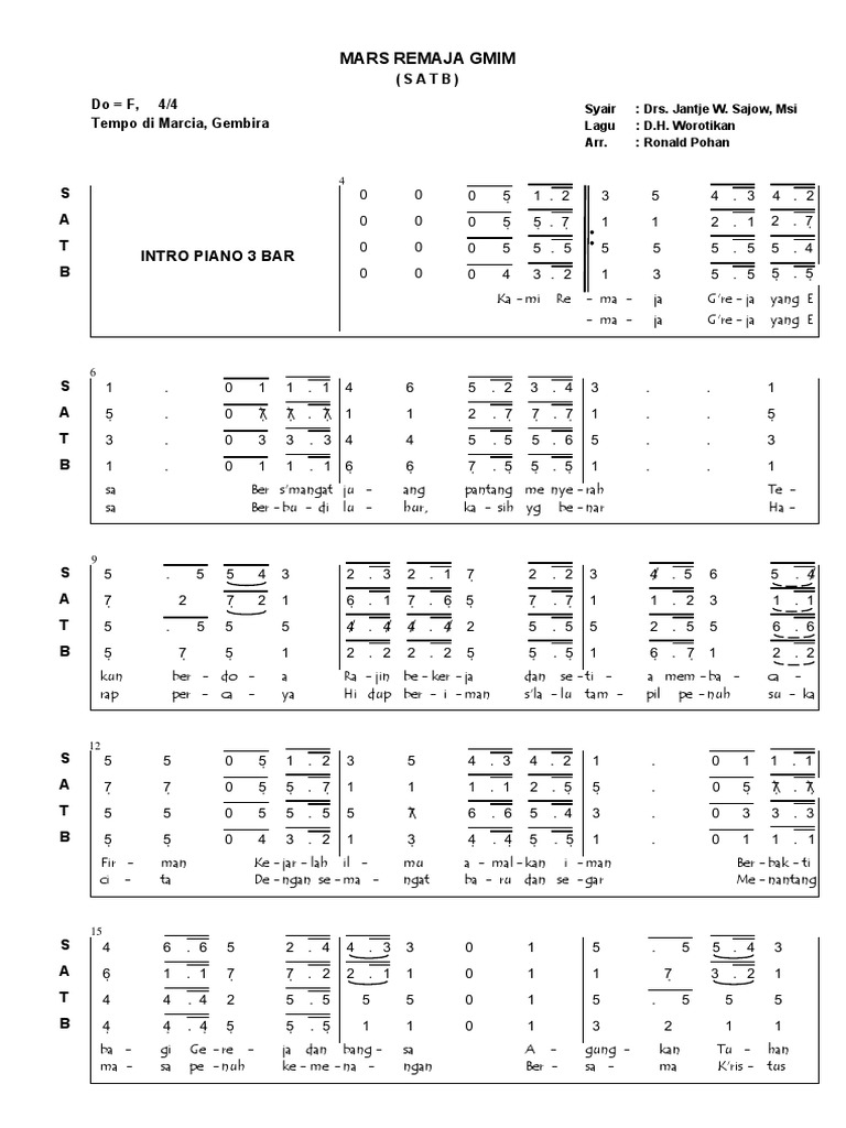 Mars Remaja GMIM (SATB) - Lirik J. W. Sajow, Lagu D. H. Worotikan, Arr. Ronald Pohan | PDF