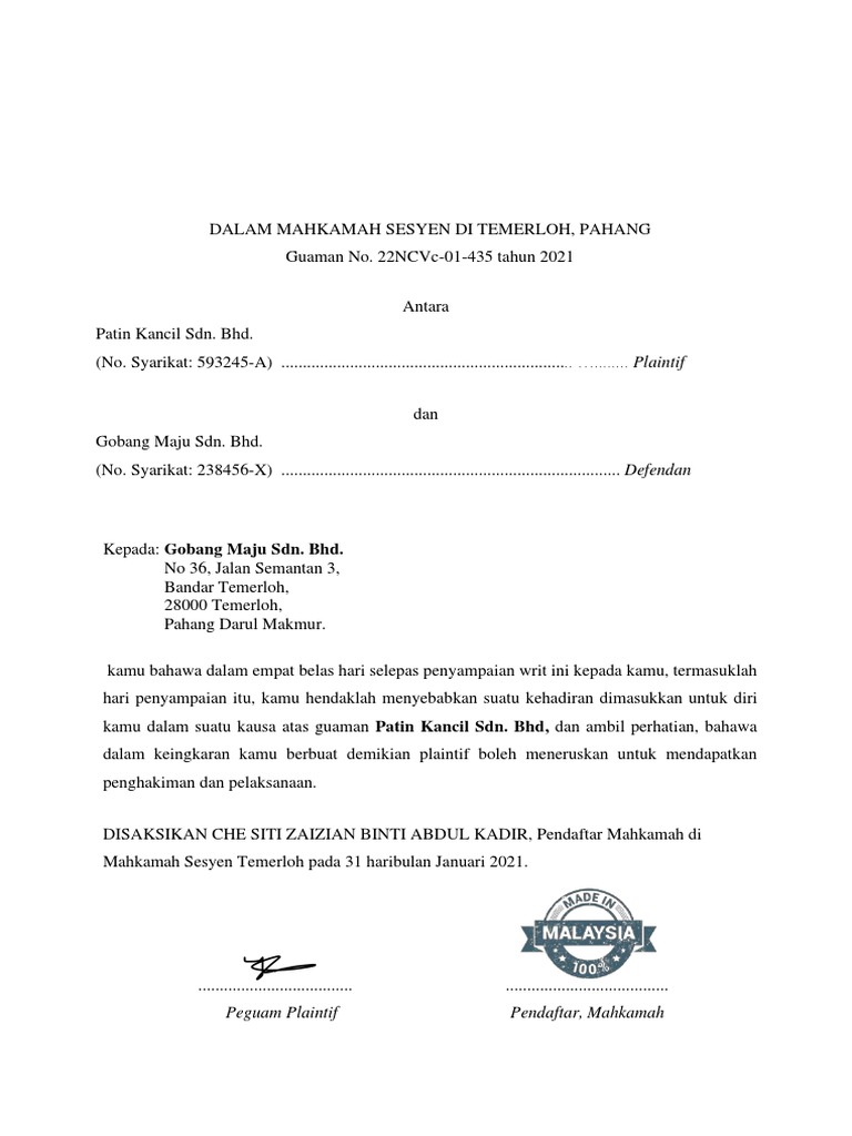 Writ of Summons Completed | PDF