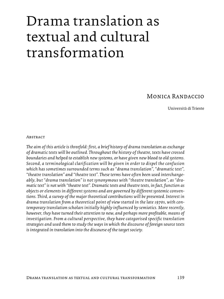 Drama Translation As Textual and Cultural Transformation Monica ...