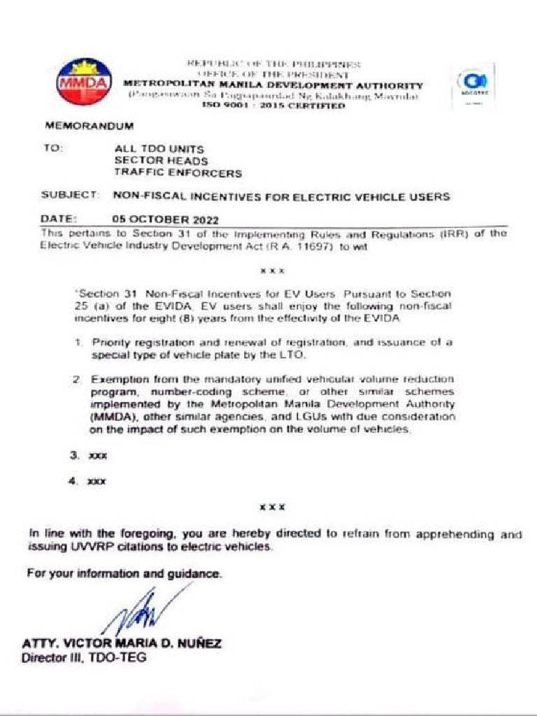 MMDA Memo For Hybrid Cars | PDF