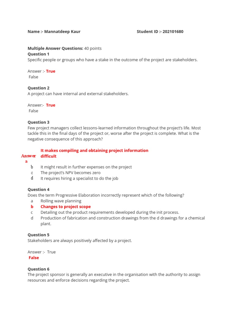 Mannatdeep Kaur's Project Management Exam-1 | PDF