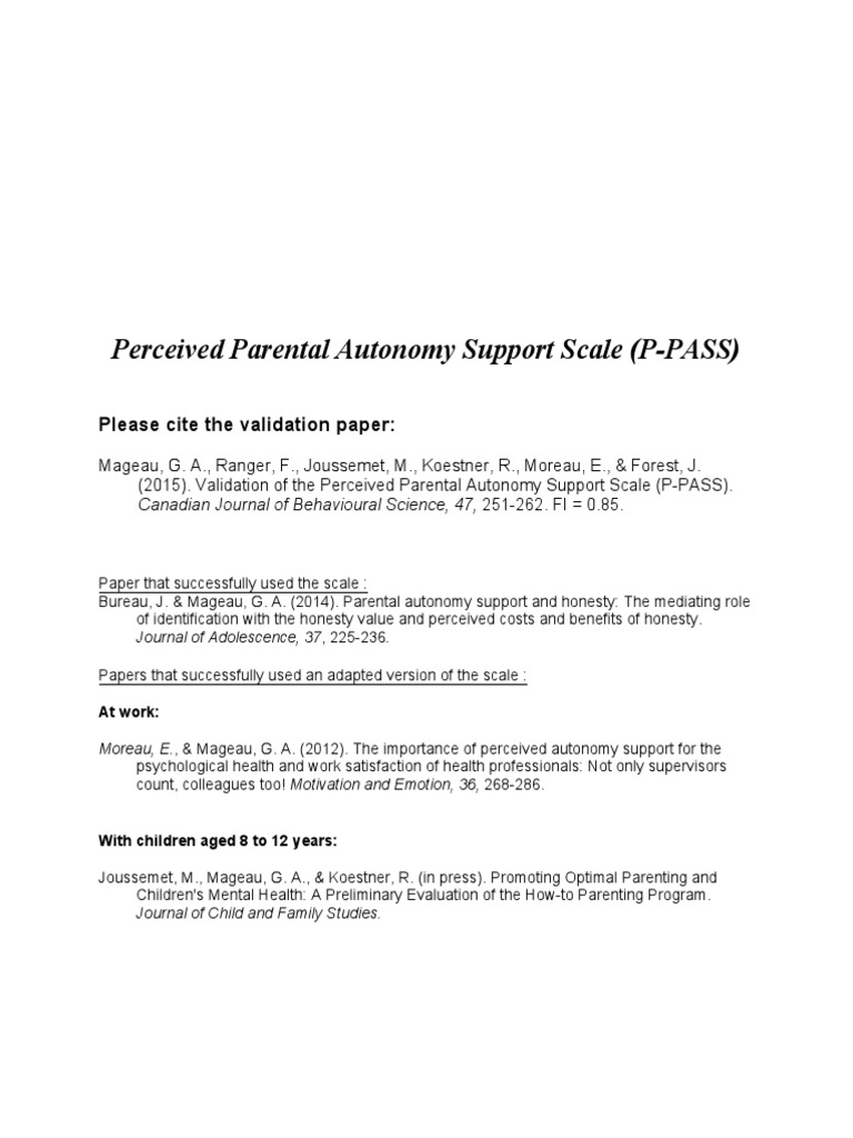 PAS SCALE P-PASS - 24item | PDF | Father | Autonomy