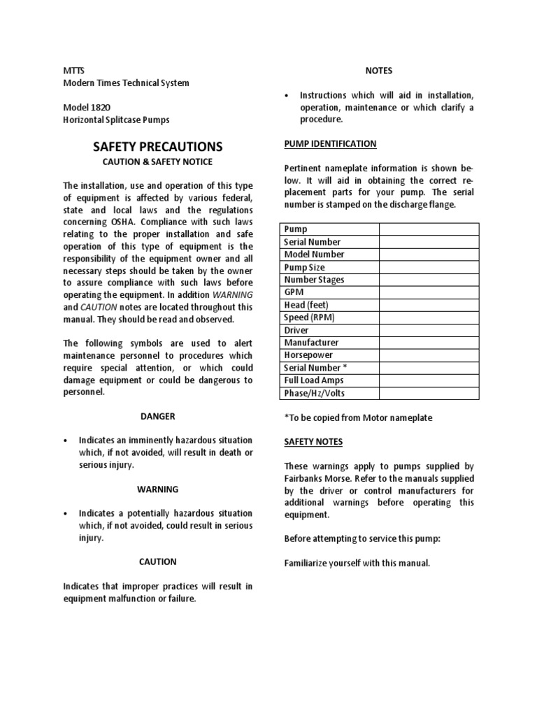 MTTS - Fairbanks Model 1820 Horizontal Splitcase Pumps | PDF | Pump | Bearing (Mechanical)