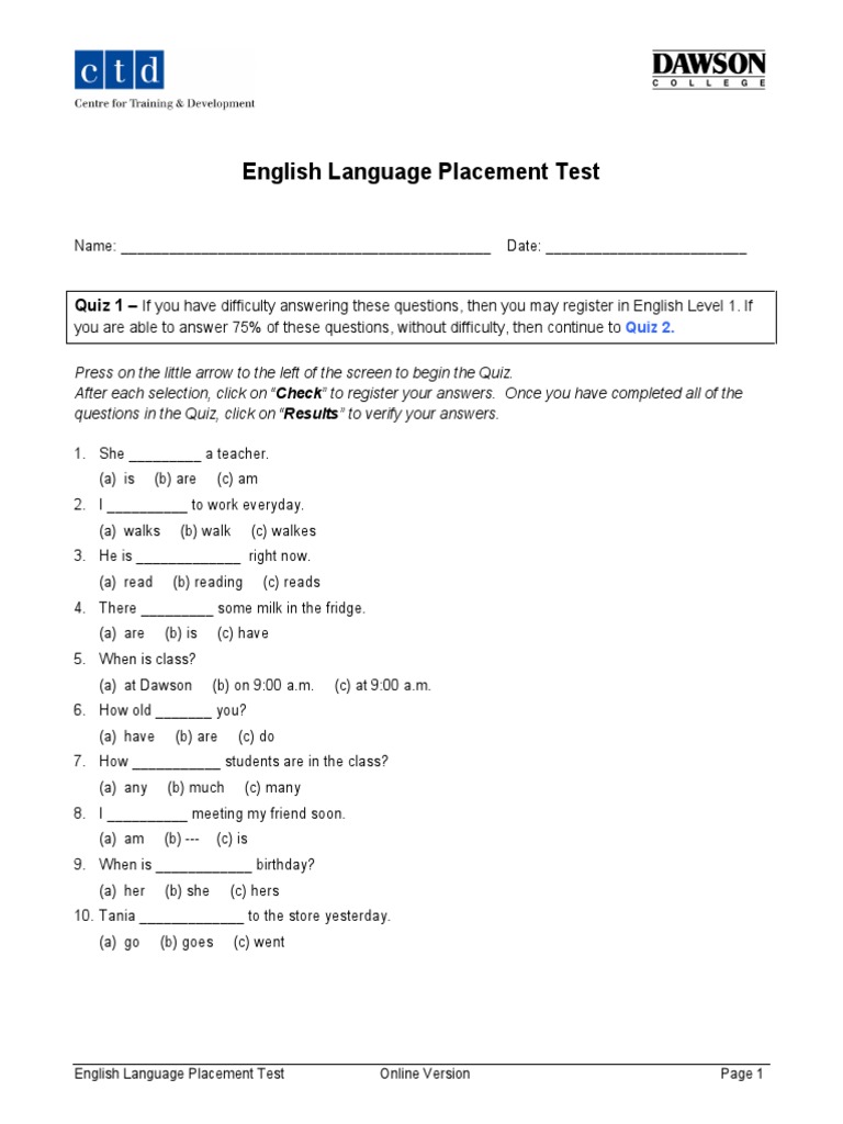 English Language Placement Test Online | PDF | Quiz