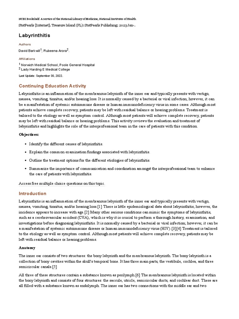 Labyrinthitis - StatPearls - NCBI Bookshelf | PDF