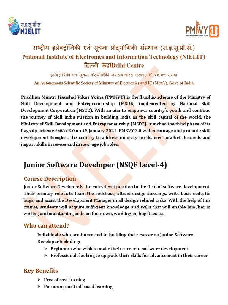Pmkvy Guidelines Junior Software Developer Pdf University And