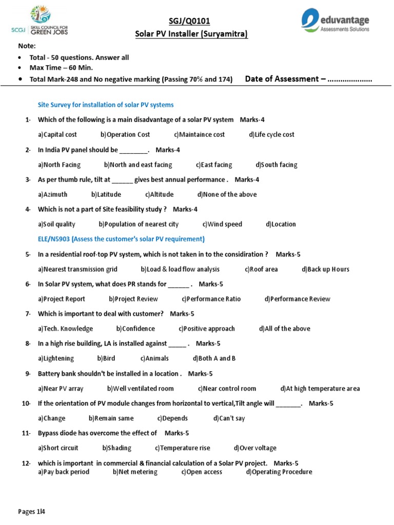 QB - Solar PV Installer (Suryamitra) | PDF