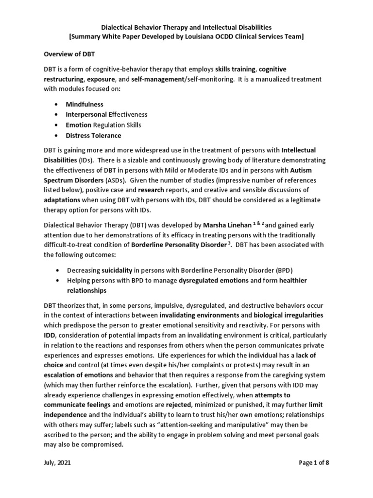 Adaptions To DBT For Individuals With IDD | PDF | Dialectical Behavior ...