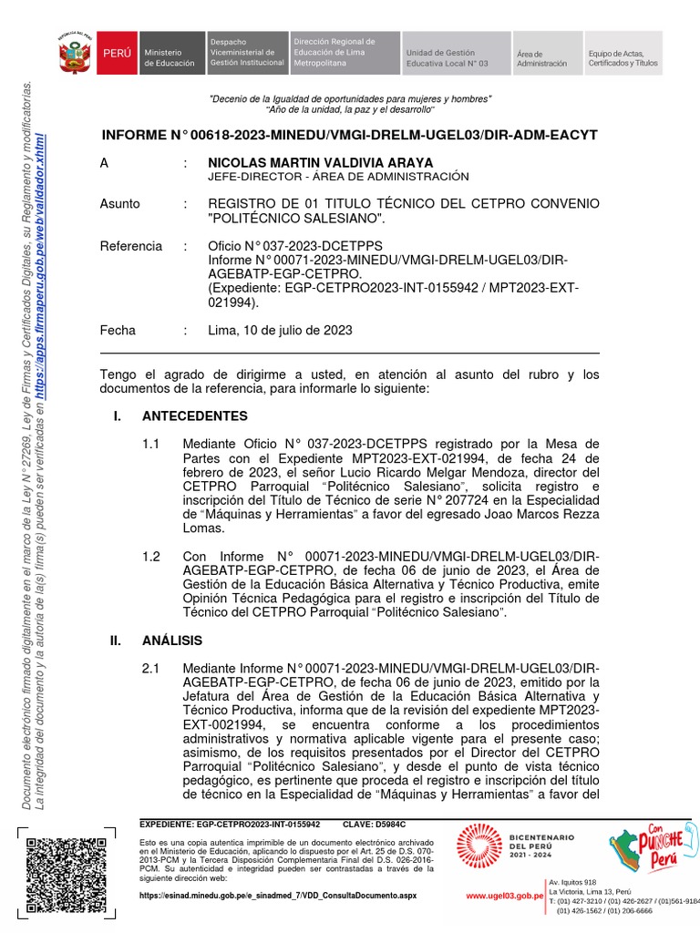 Informe 00618 2023 Minedu Vmgi Drelm Ugel03 Dir Adm Eacyt | PDF