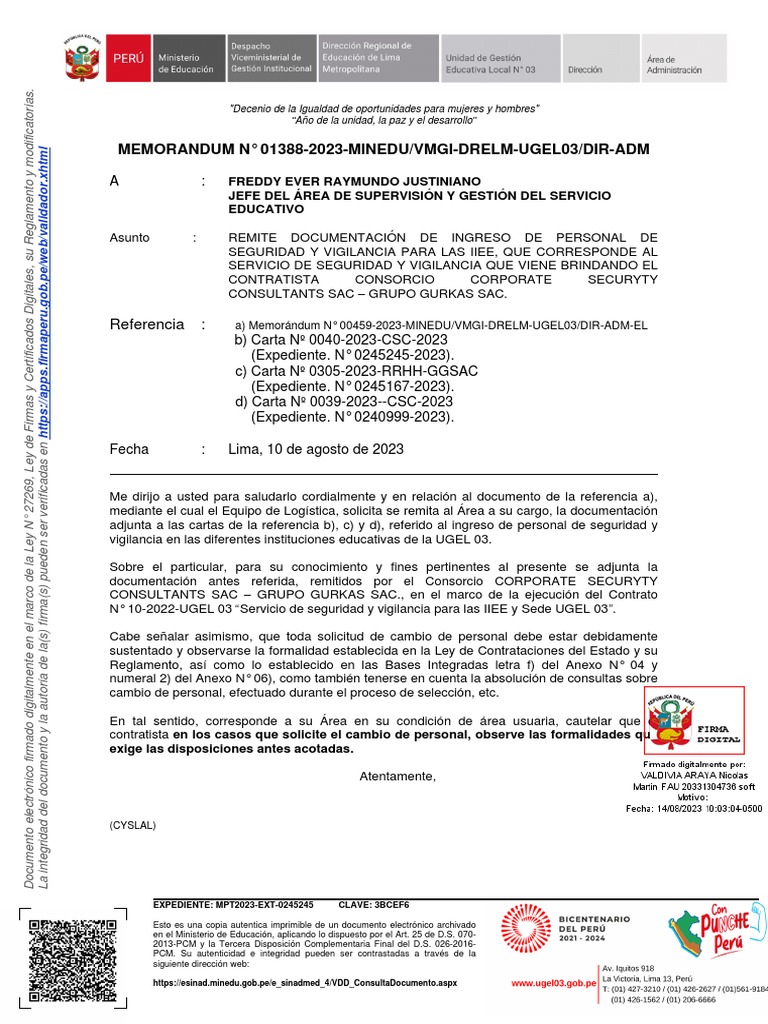 Memorandum 01388 2023 Minedu Vmgi Drelm Ugel03 Dir Adm | PDF