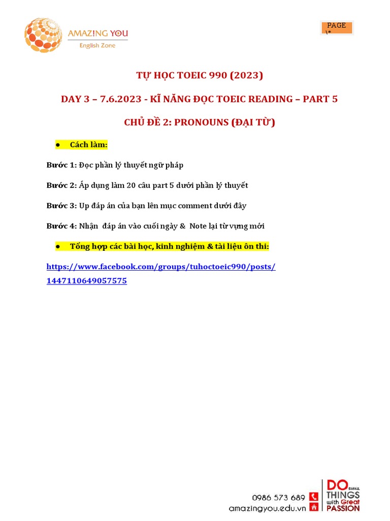 Tự học TOEIC 990 - Day 3 - 7.6 - TOEIC Reading Part 5 (Đại từ) | PDF