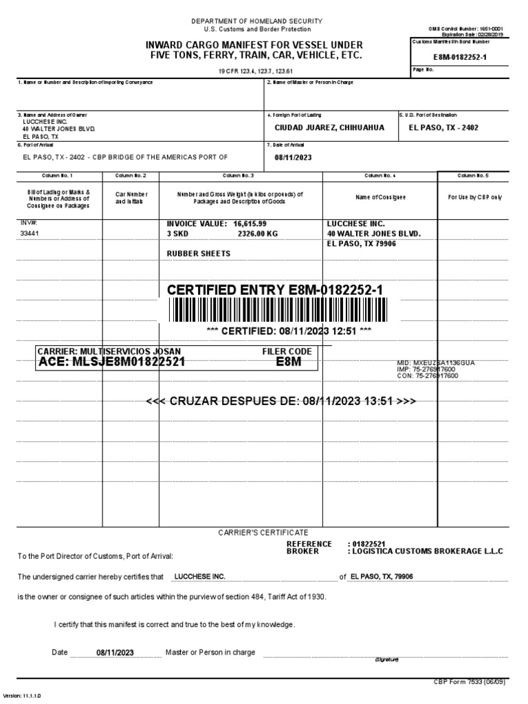 Inward Cargo Manifest for Vessels | PDF | U.S. Customs And Border ...