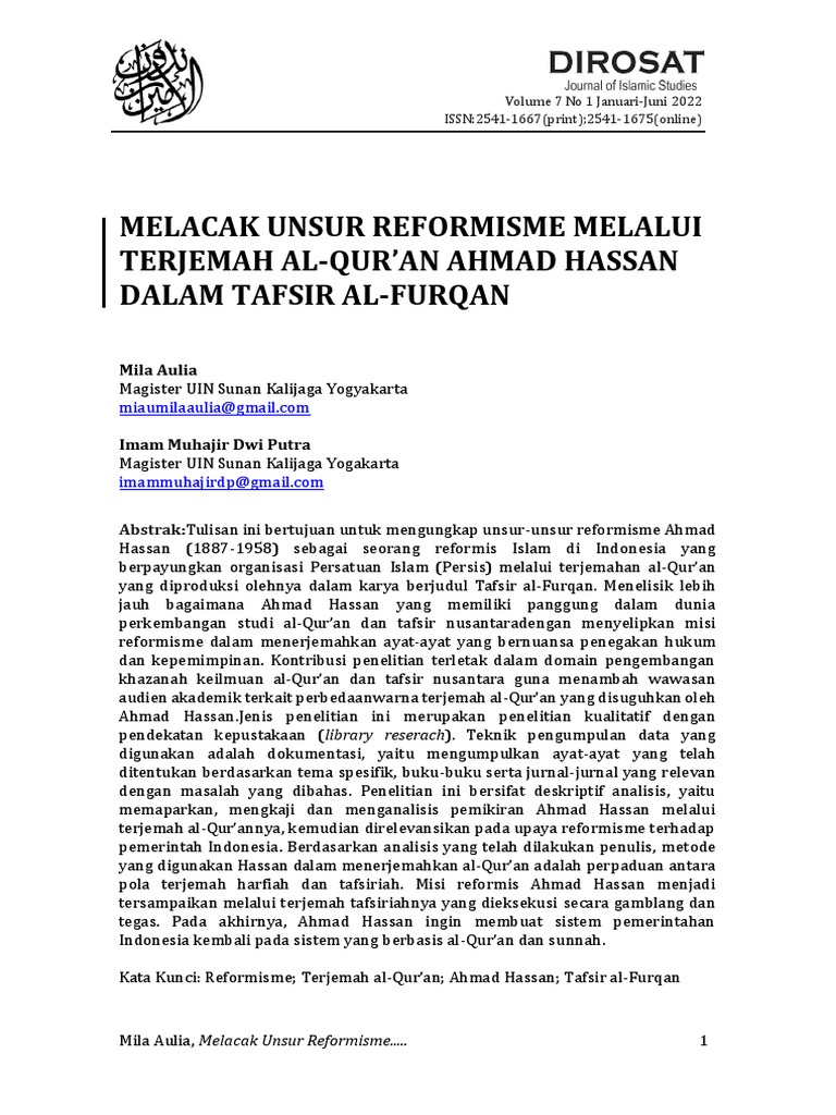 Melacak Unsur Reformisme Melalui Terjemah Al-Qur'an Ahmad Hassan Dalam Tafsir Al-Furqan | PDF