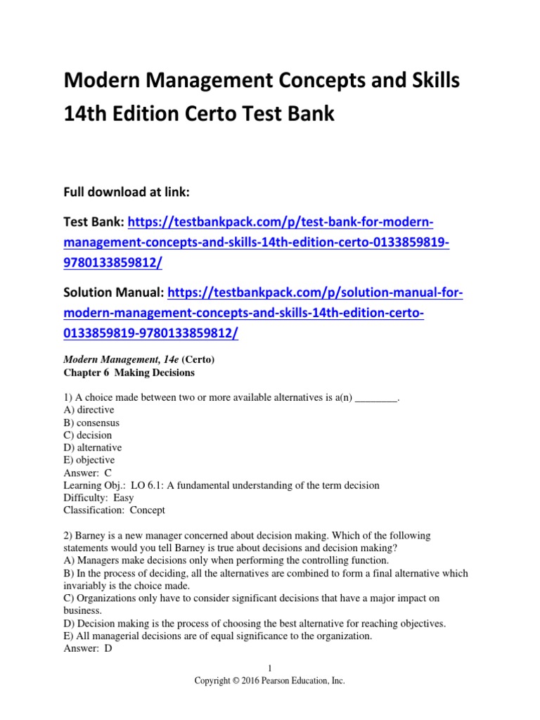 Modern Management Concepts and Skills 14th Edition Certo Test Bank ...
