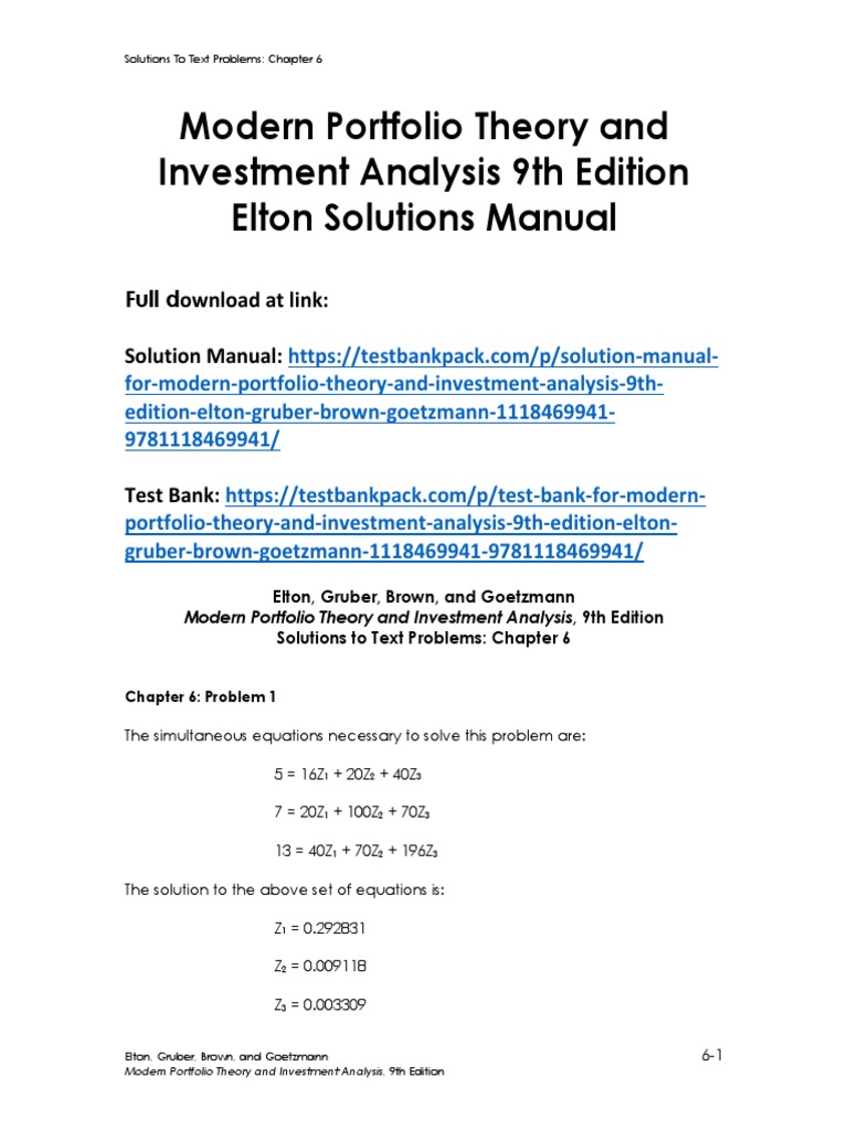 Modern Portfolio Theory and Investment Analysis 9th Edition Elton ...