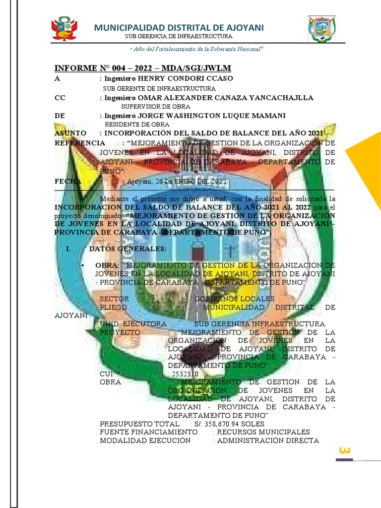 Informe #004 - 2022 - Incorporacion Del Saldo de Balance | PDF