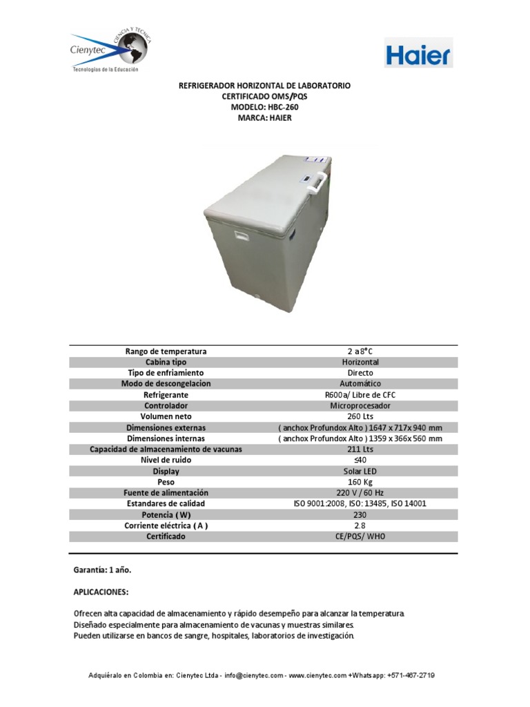 Haier Refrigerador Horizontal Vacunas Laboratorio Farmacia HBC 260 Cat ...