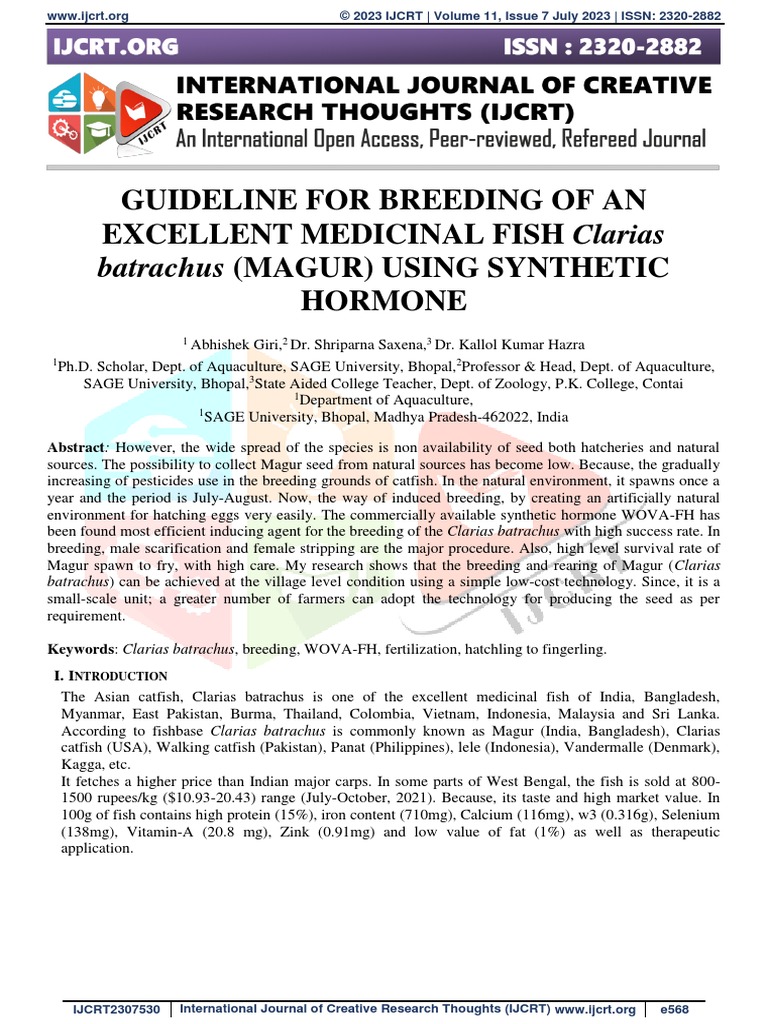 GUIDELINE FOR BREEDING OF AN EXCELLENT MEDICINAL FISH Clarias Batrachus ...