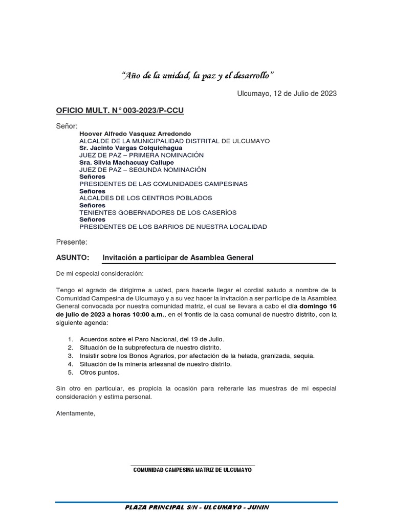 oficio multiple # 03 invitación para Asamblea Comunal General | PDF