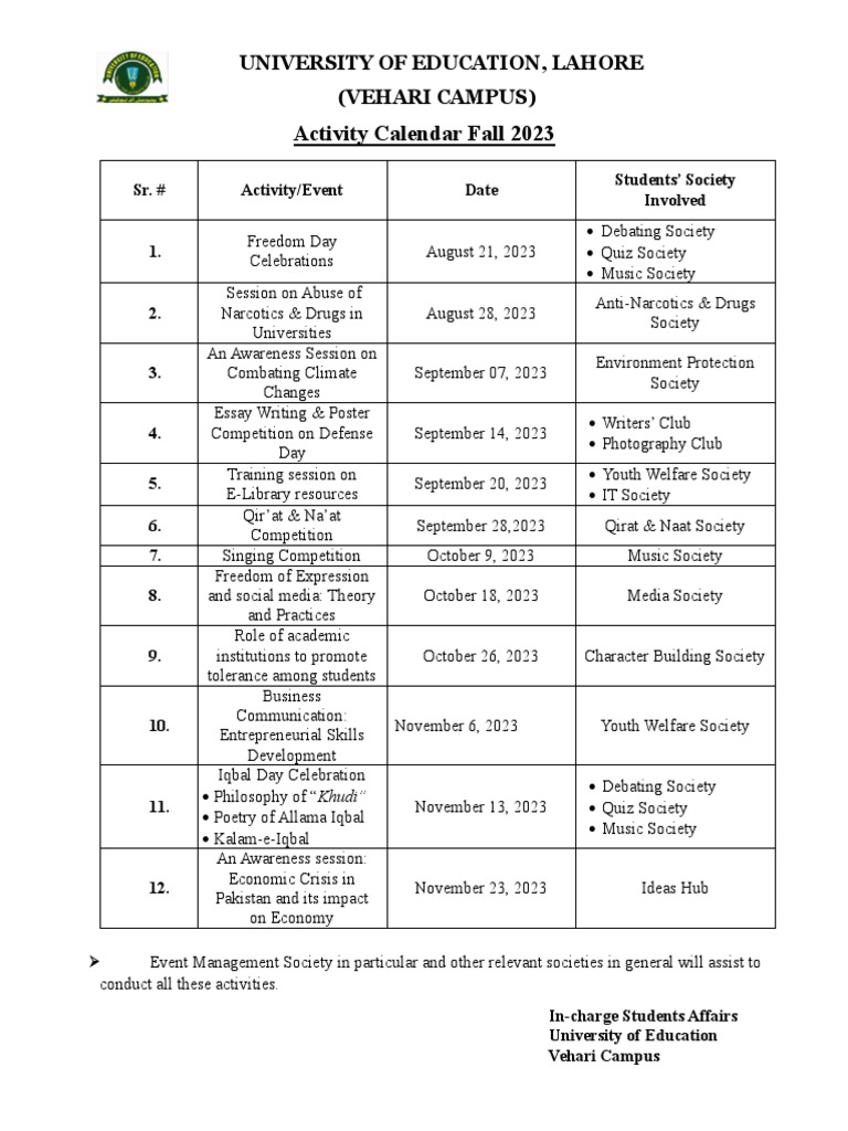 Activity Calendar Fall 2023, UE, Vehari Camous | PDF