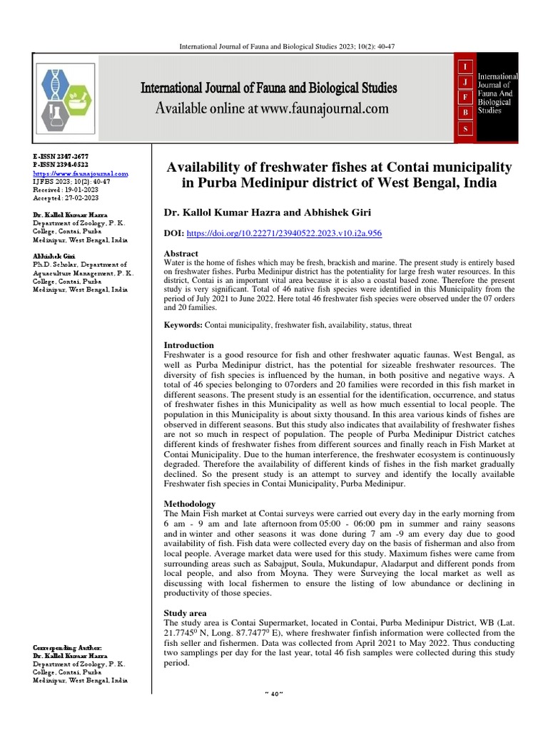 Availability of freshwater fishes at Contai municipality in Purba ...