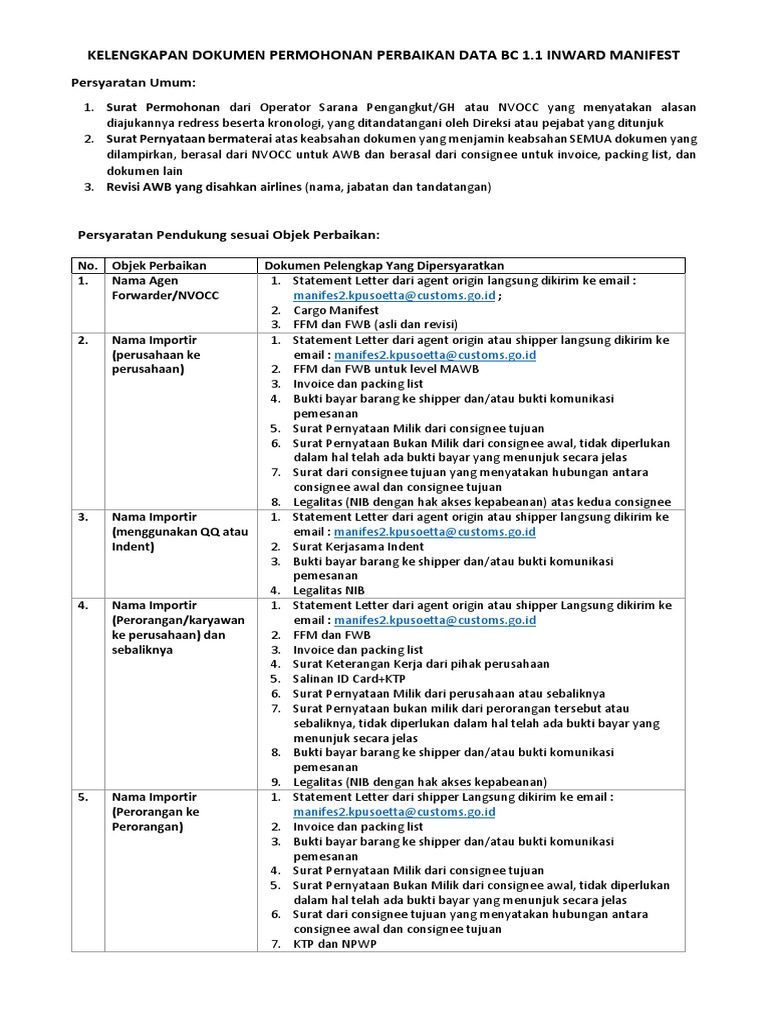 Persyaratan Perbaikan Data BC 1.1 | PDF