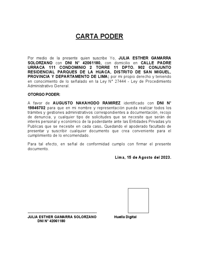 CARTA PODER Ugel Rimac 15.08.2023 | PDF