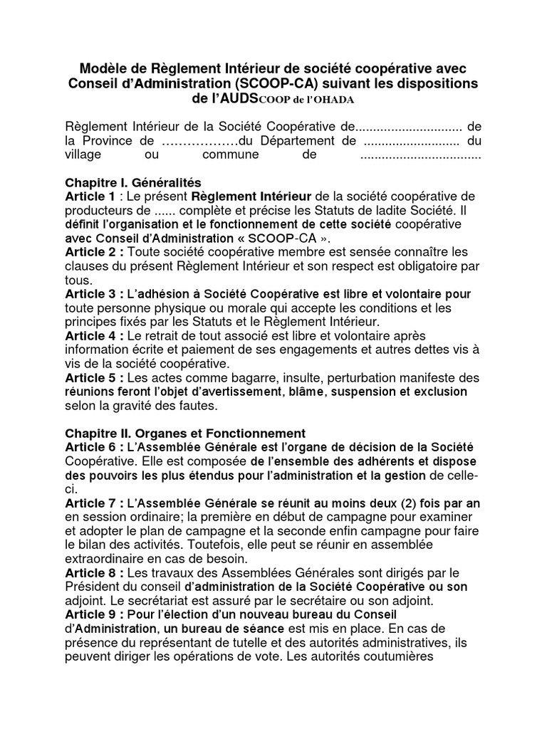 Modele de Reglement Interieur de Societe Cooperative Avec CA | PDF